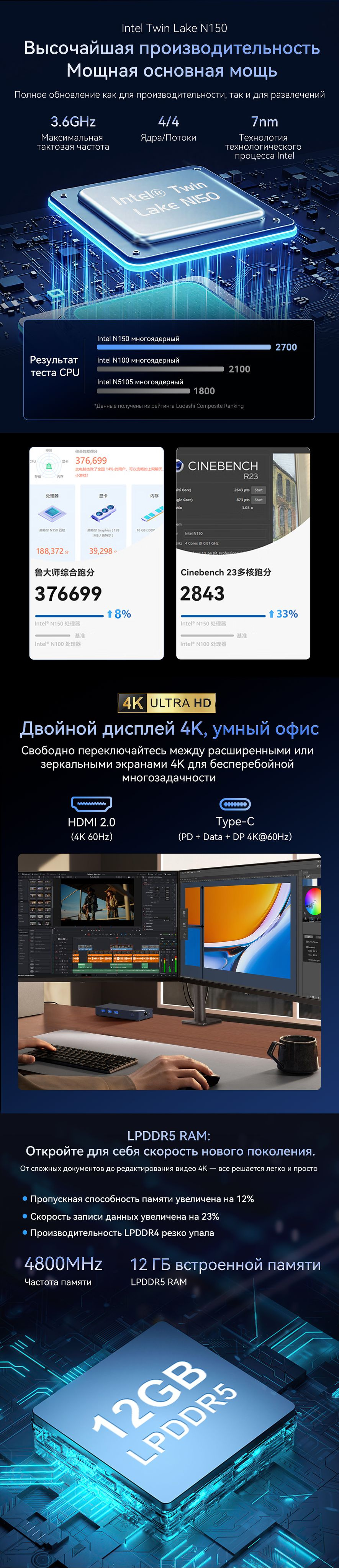 MOREFINE Мини-ПК M10 N150 (Intel N150, RAM 12 ГБ, SSD 1000 ГБ, Intel ...