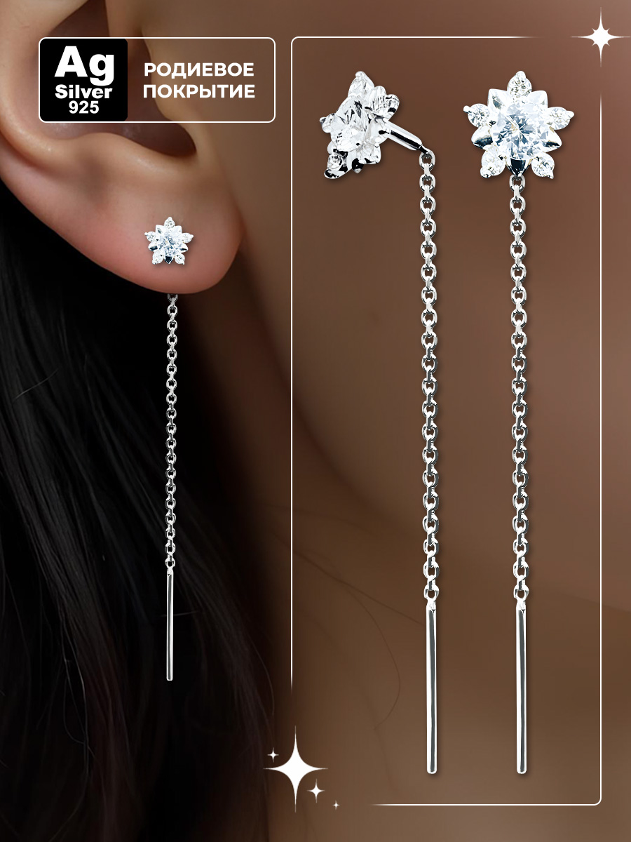 Ag silver 925 Серьги продевки с фианитами звездочки, серебро 925 проба ...