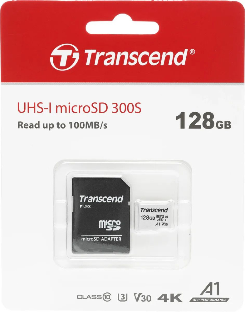 Карта памяти microSDXC UHS-I U3 Transcend 128 ГБ, 100 МБ/с, TS128GUSD300S-A, 1 шт., переходник ...