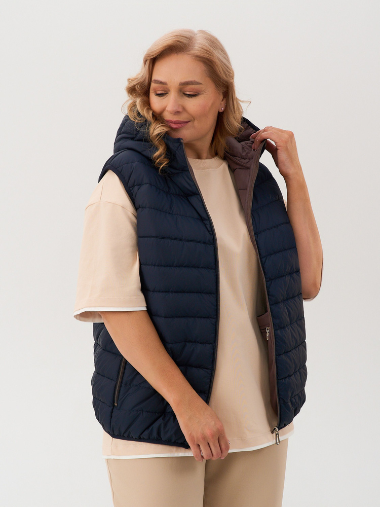 Жилет утепленный Женский Elfina Карманы, Капюшон темно-синий, размер 54 Полиэстер Синтепон ...