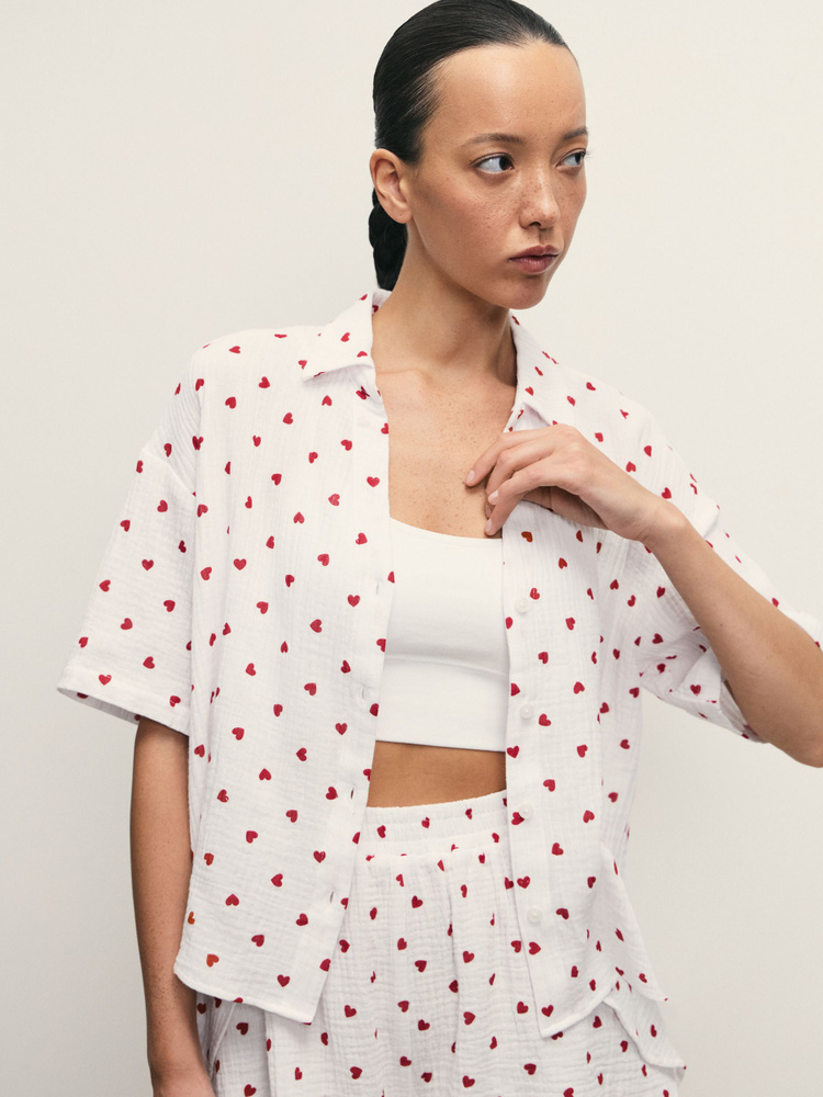 Рубашка пижамная Женский Zarina с шортами Хлопок, размер 46 Анималистический белый Короткий ...