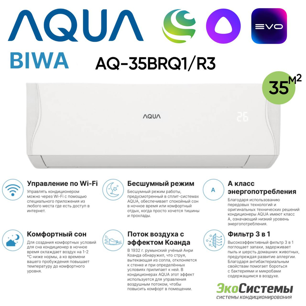 Сплит система AQUA AQ-35BRQ1 / Wi-Fi Evo встроен / до 35 м2, завод Haier. купить c доставкой на ...