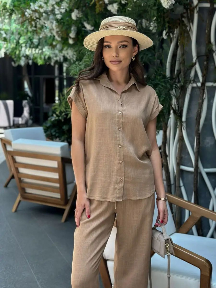 Костюм классический Женский SHOPSTYLE Пляжный двойка бежевый, размер 42 Лен, Вискоза Россия Лето ...