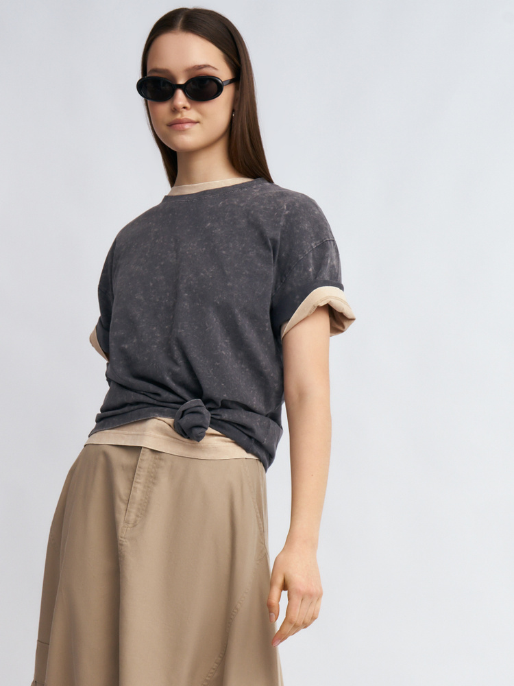 Футболка Женский Zolla серый Короткий, размер 44 Хлопок Повседневный Бангладеш, рост 164-176 ...