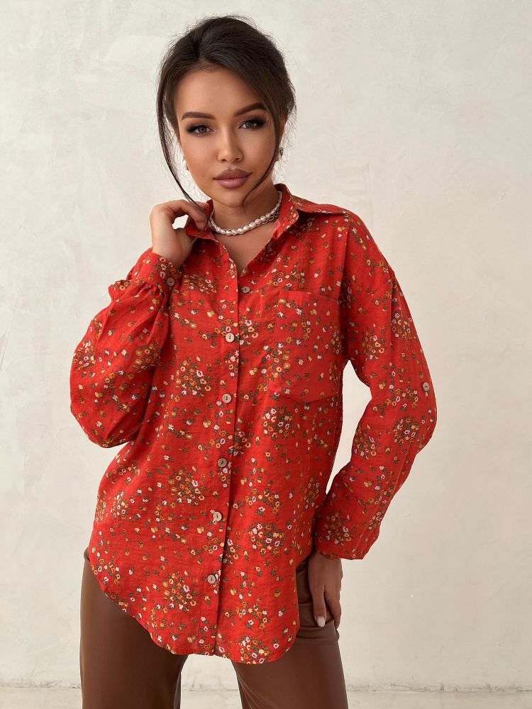 Рубашка Женский HELLO MODA! оранжево-красный Длинный Хлопок Абстракция, Разноцветный, размер 52 ...