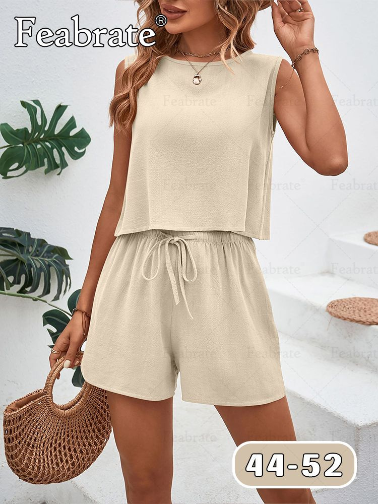 Комплект одежды Женский Feabrate Повседневный бежевый, размер 44 Искусственный лён Однотонный ...