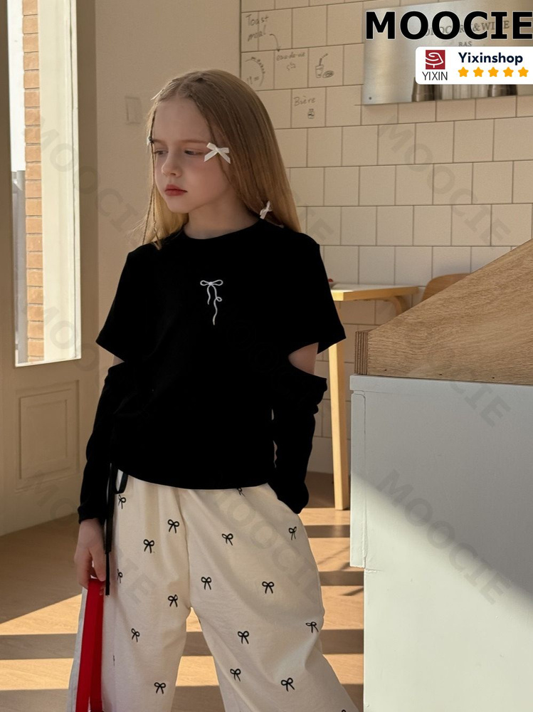 Футболка для малышей Девочки MOOCIE Однотонный, Банты Хлопок, размер 120 Длинный Разрезы ...