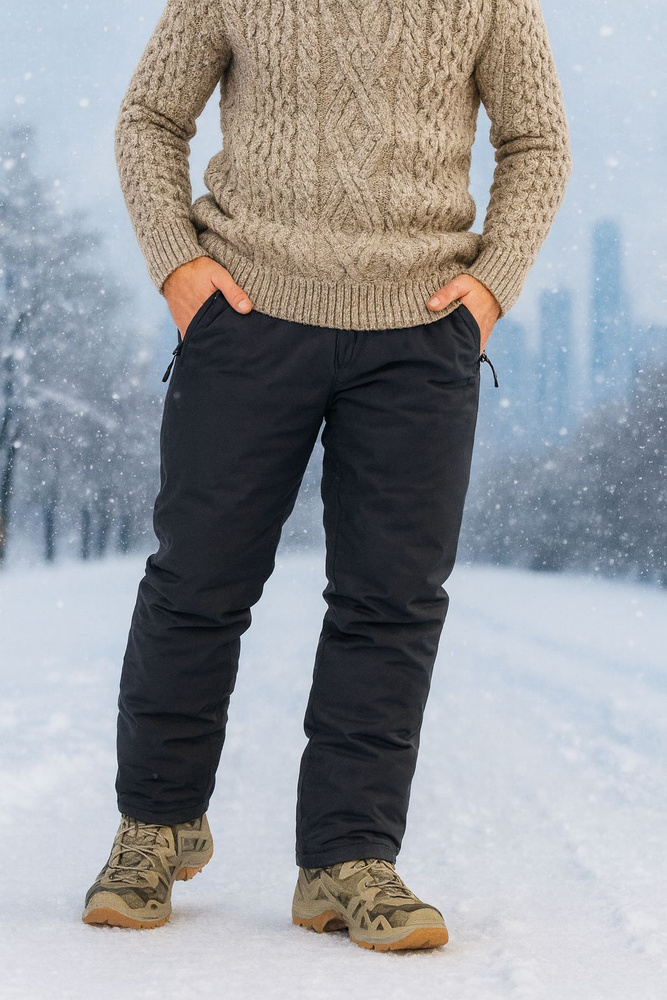 Брюки Мужской ConBrio прямые, утепленные черный большие размеры Полиэстер, Эластан Повседневный ...