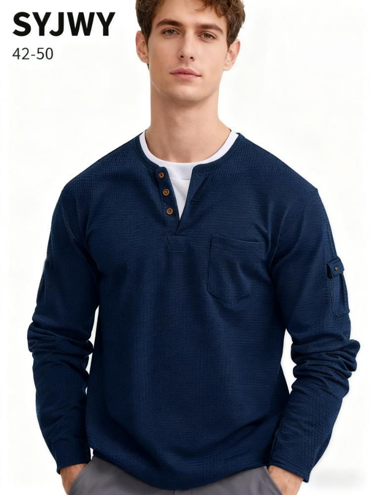Лонгслив Мужской SYJWY сине-бирюзовый Длинный, размер 44 Политекс Декоративные пуговицы ...