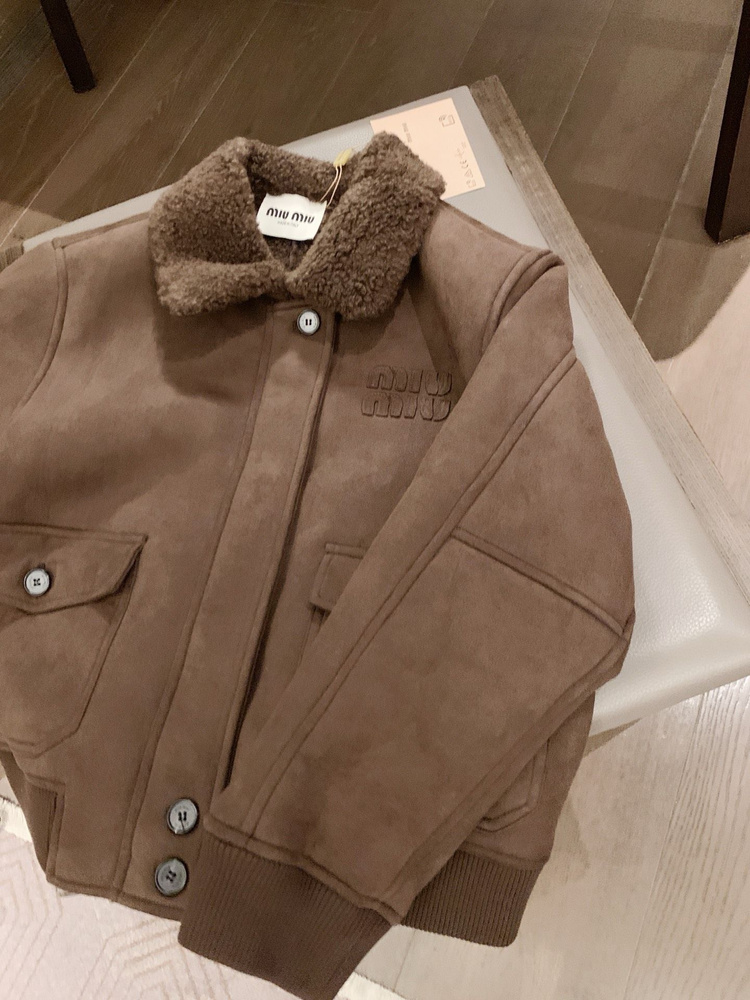 Куртка Женский Miu Miu Вышивка коричневый пиджачный Фетр размер 46 Длинный На любой сезон Без