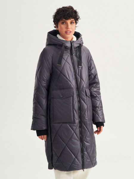 Парка Женский Elfina Кнопки, Молния темно-серый Полиэстер, размер 50 Длинный Еврозима прямой ...