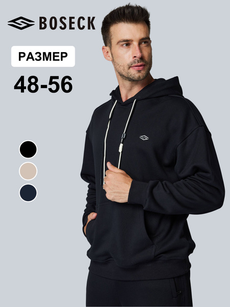 Худи Мужской BOSECK Капюшон, Карманы черный, глубокий черный Без застежки, Эластичная Полиэфир ...