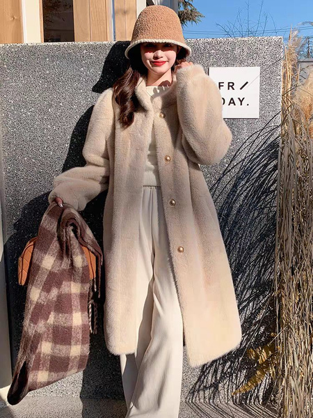 Шуба искусственная Женский MOOCIE абрикосовый лацканы Полиэфирный шелк Длинный, размер 46 Зима ...