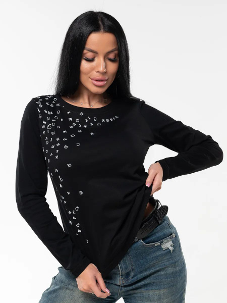 Лонгслив Женский Sofia trikotaz черный, черный лакированный никел Длинный, размер 62 Хлопок ...