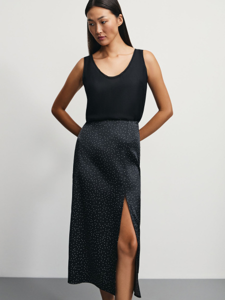 Юбка Женский Zarina черный Полиэстер прямая, размер 52 Молния Миди Разрезы Горох Демисезон ...