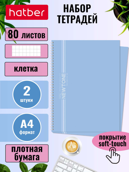 Тетрадь Hatber 80 листов 2 штуки, формата А4, в клетку, перфорация, ламинация Soft-touch на ...
