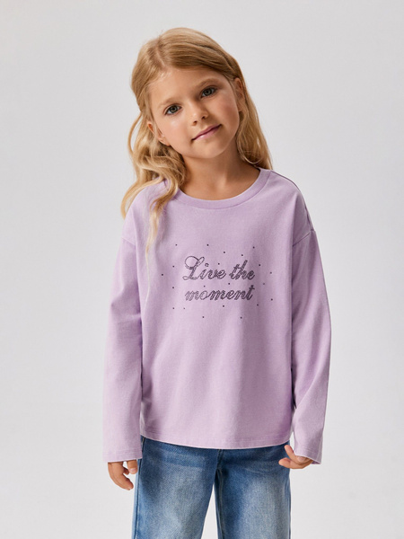 Лонгслив Девочки Acoola фиолетовый Длинный, размер 98 Трикотаж, Хлопок Стразы оверсайз ...