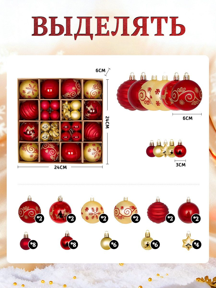 Елочные игрушки (новогоднее украшение)Елочные шары, шары на елку,44 шт ...