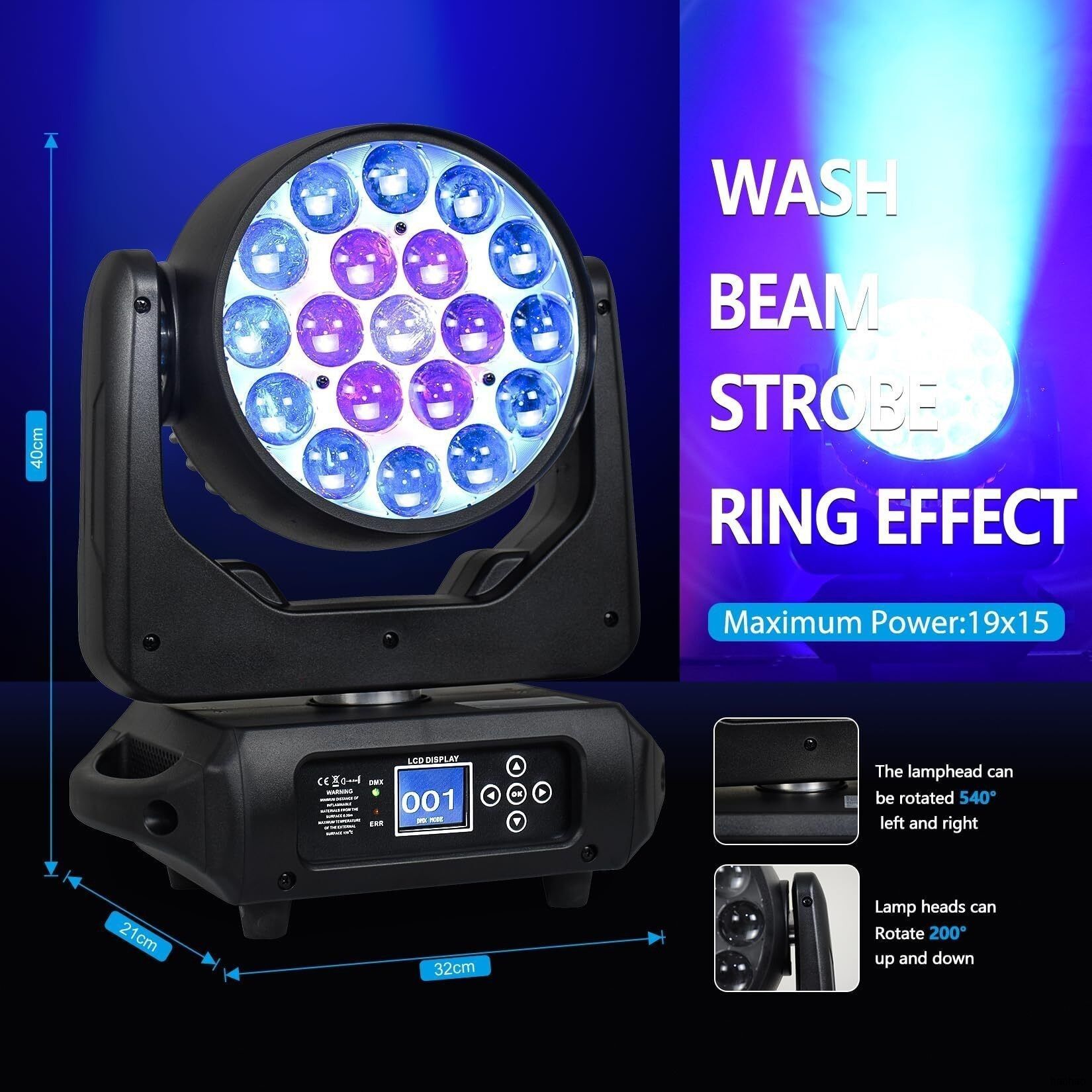 Головной фонарь LED 19x15 Вт RGBW 4en1 с лучом/промывкой/увеличением ...