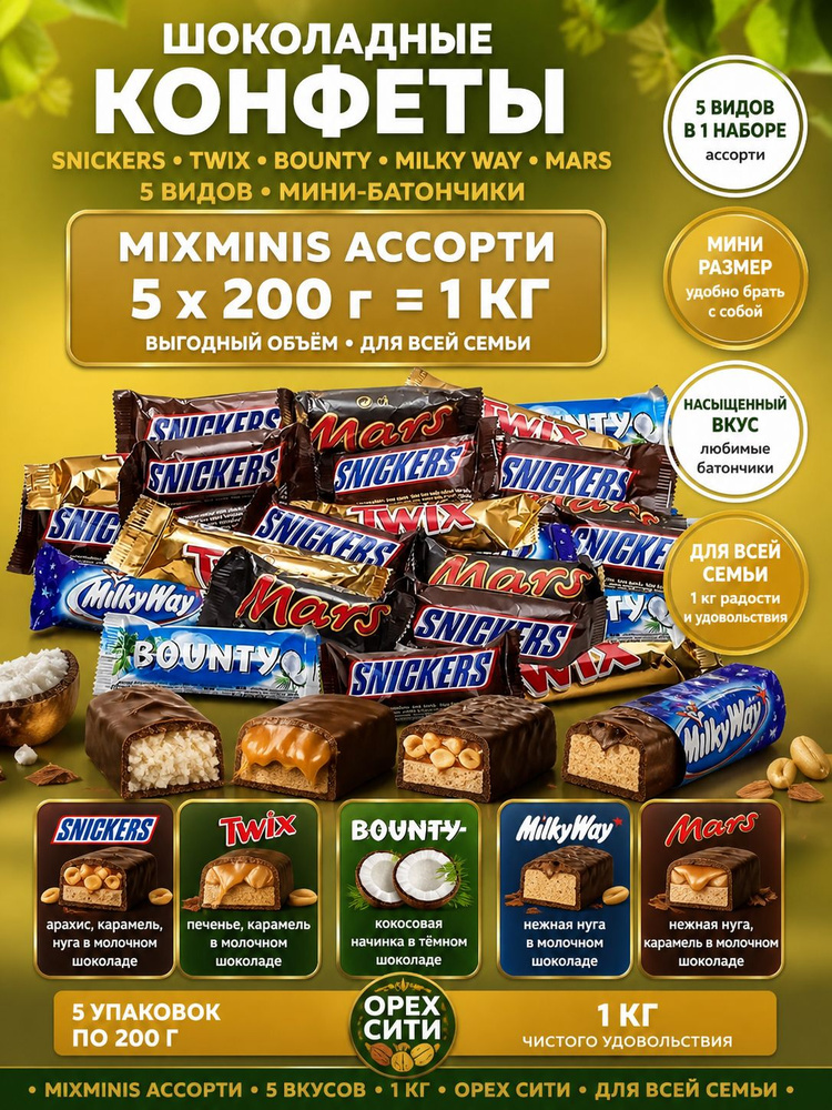 Шоколадные конфеты MixMinis Ассорти 5x200г. Батончики Snickers, Twix ...