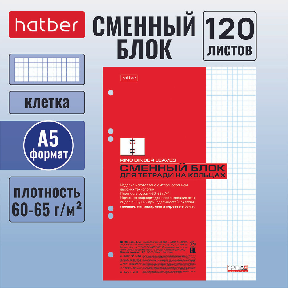 Сменный блок Hatber 120 листов А5 формата для тетрадей на кольцах, универсальная перфорация ...