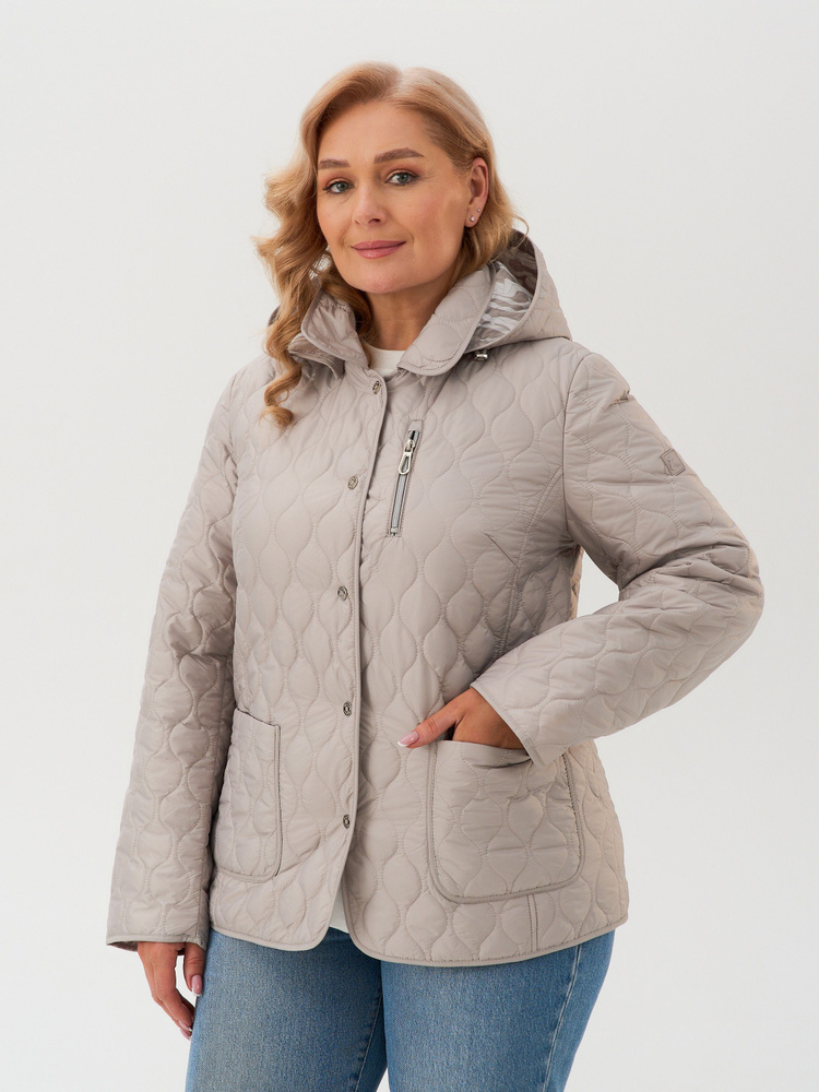 Куртка Женский Elfina Карманы, Капюшон светло-серый отложной Полиэстер, размер 44 Длинный ...