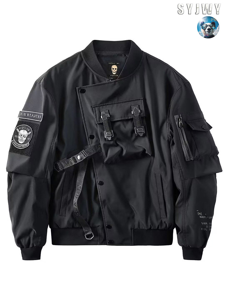 Бомбер Мужской SYJWY Карманы черный Полиэстер FR, размер 48 Длинный На любой сезон оверсайз ...