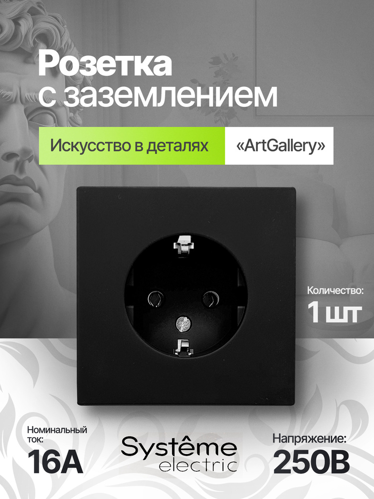 Розетка Шнайдер ArtGallery Systeme Electric черная (карбон) с заземлением, 16А, механизм ...