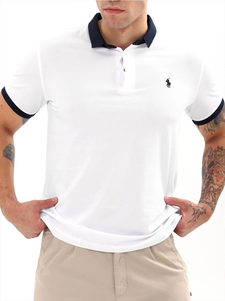 Поло Мужской FLOW LAB белый Короткий, размер 50, 52 Хлопок, Спандекс Однотонный свободный ...