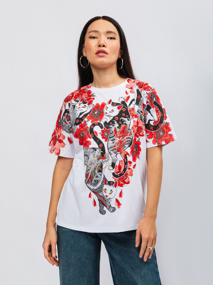 Футболка Женский KyKy wear белый Короткий, размер 54 Хлопок свободный Повседневный Россия купить ...