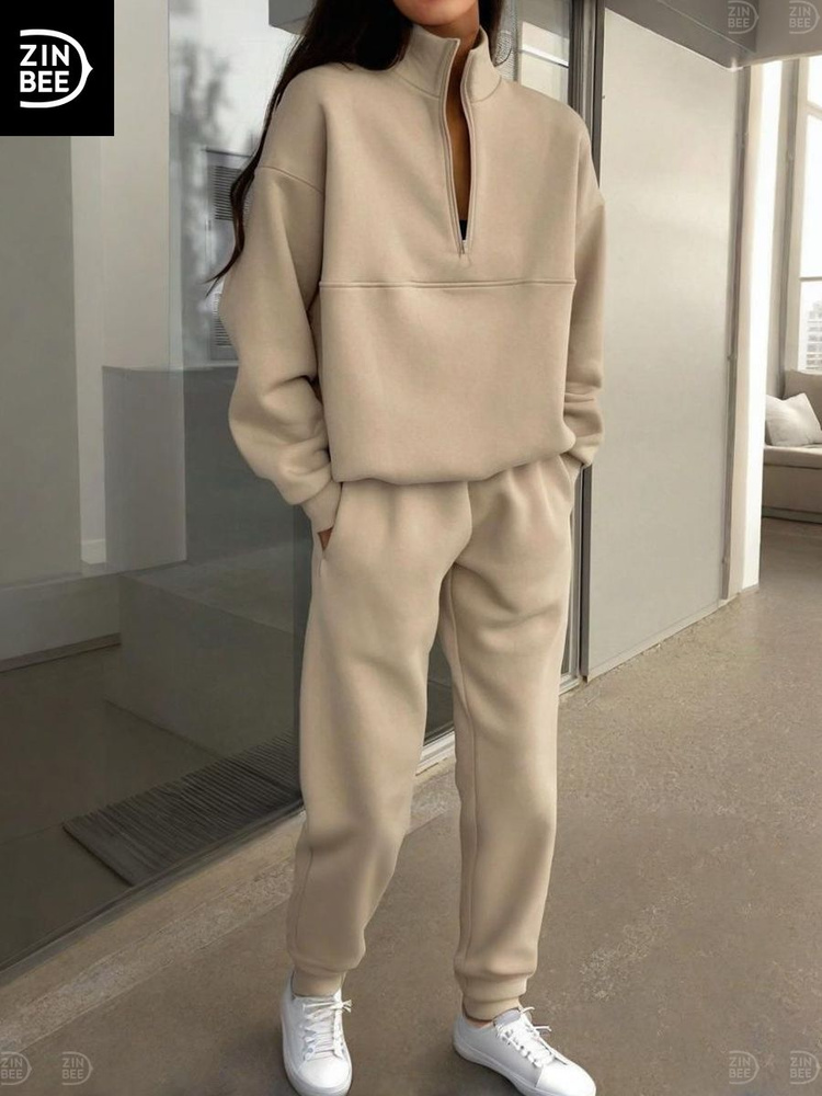 Костюм спортивный Женский ZinBee Повседневный двойка хаки, размер 50 Полиэстер Однотонный, рост ...
