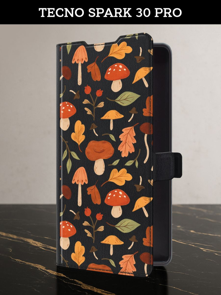 Чехол книжка на Tecno Spark 30 Pro Техно Спарк 30 Про с картой и принтом Листопад и грибы