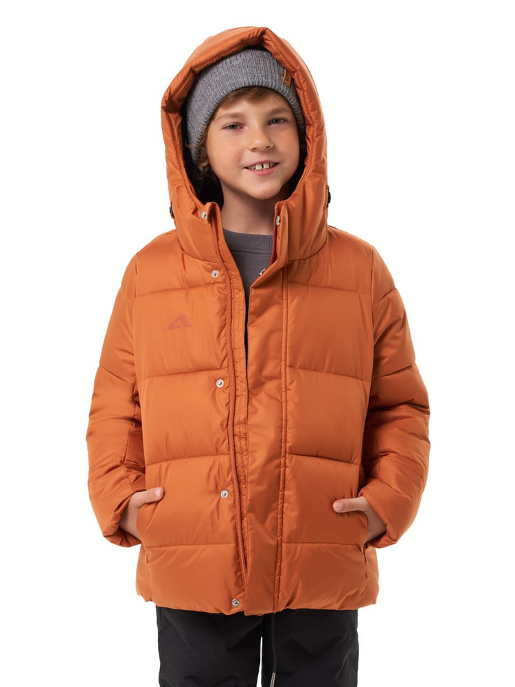 Куртка Мальчики OLDOS Карманы, Капюшон медь, оранжевый капюшон Полиэстер, размер 140 Длинный ...