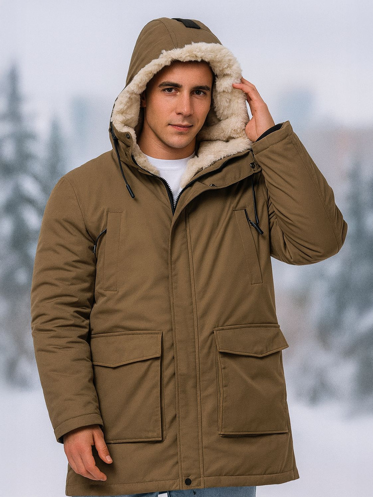 Парка Мужской ConBrio Мех, Капюшон коричневый, бежевый Хлопок, Полиэстер, размер 56 Длинный Зима ...