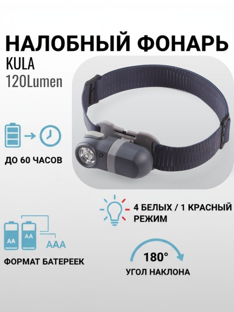 Фонарь налобный KULA 120 лм с красным и белым светом, влагозащита IPX4, для рыбалки, охоты и ...