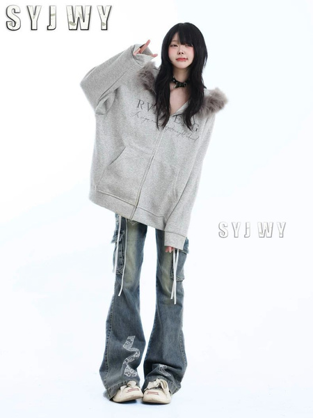 Толстовка Женский SYJWY Значки серый Молния Полиэстер FR, размер 44 свободный Длинный Логотип ...