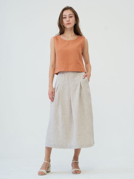 Юбка Женский TRANGO натуральный серый Лён в складку, размер 52 Резинка Миди Карманы Однотонный ...