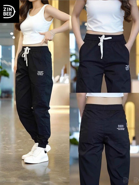 Брюки Женский ZinBee широкие черный Полиэстер FR Повседневный, размер 38 Шнуровка прямой Лето ...