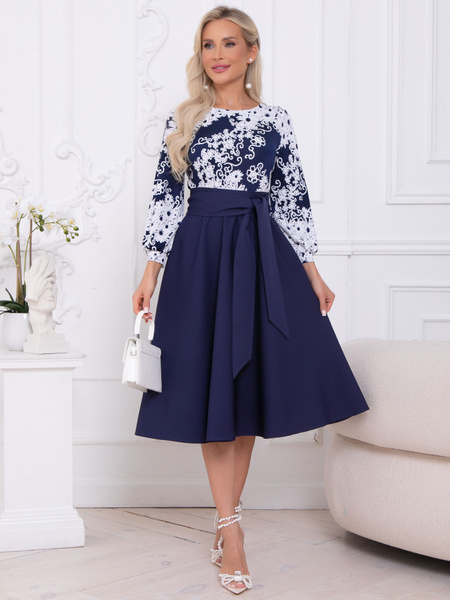 Платье Женский BELLMELODY синий бархат, белый Вечерний/праздничный Три четверти Текстиль ...