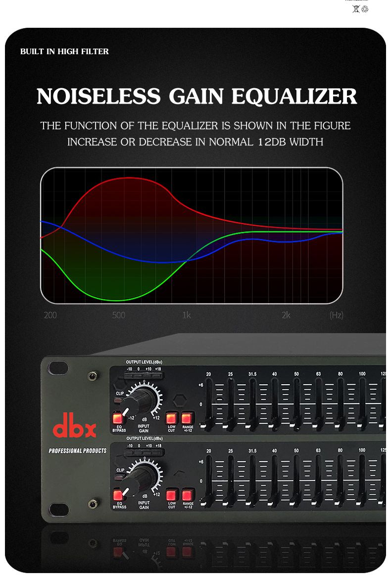 dbx 215S Двухканальный эквалайзер, двойной интерфейс XLR / TRS, 4 сегмента светодиодного уровня ...