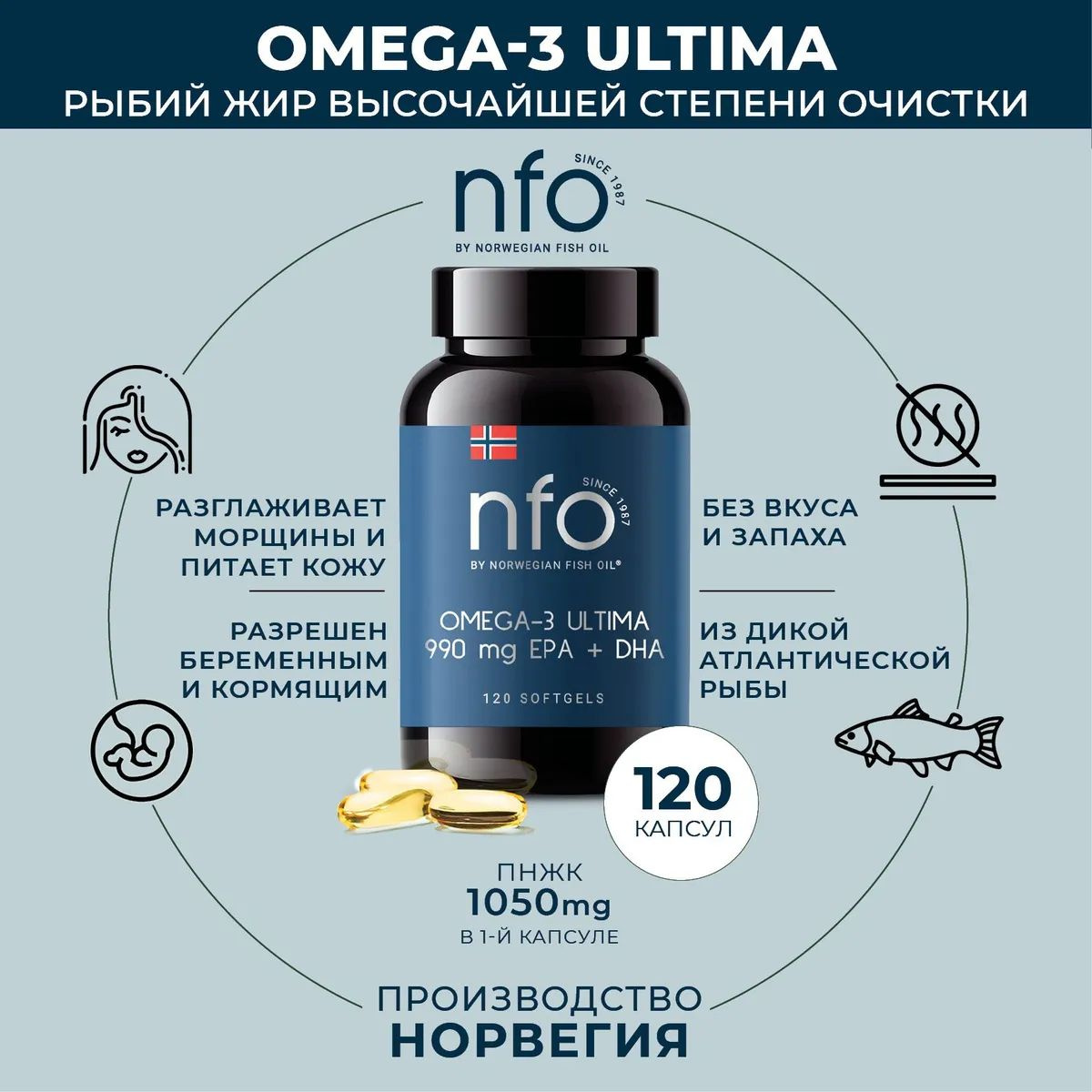 NFO Омега-3 1000 мг для взрослых с ПНЖК , 90 капсул/Для сердца и сосудов/ Норвегия купить на ...