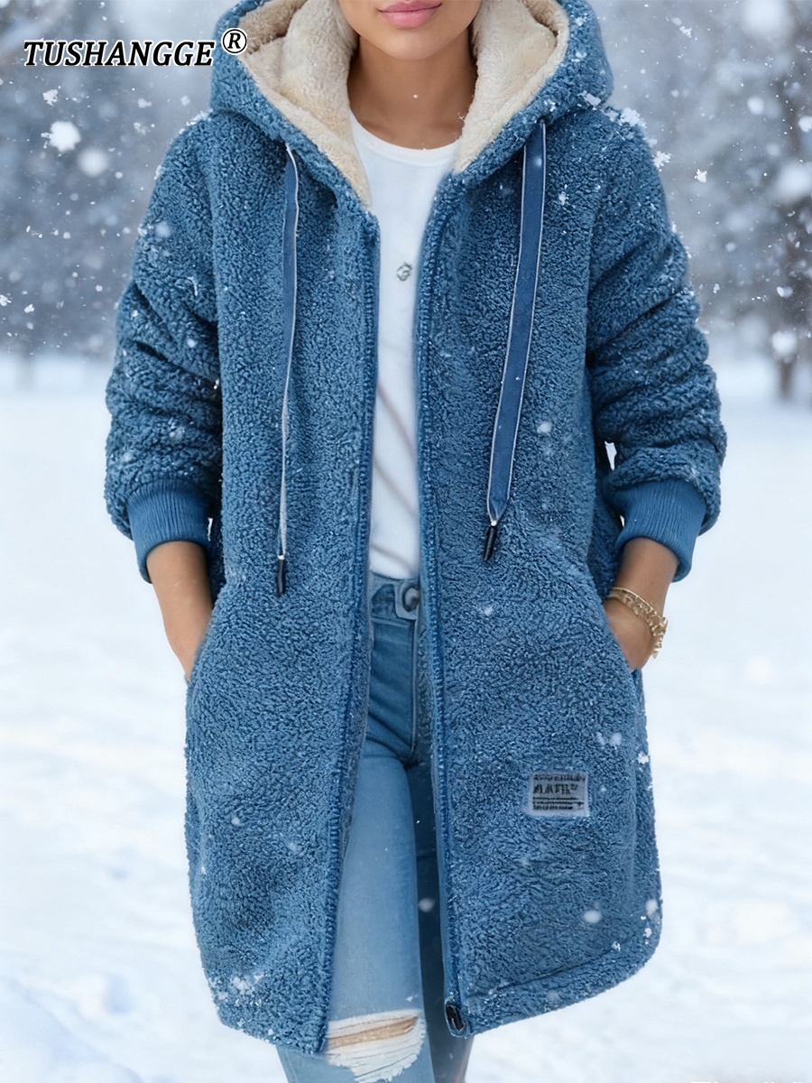 Куртка Женский TUSHANGGE синий лацканы Политекс, размер 52 Длинный куртка-рубашка Еврозима ...