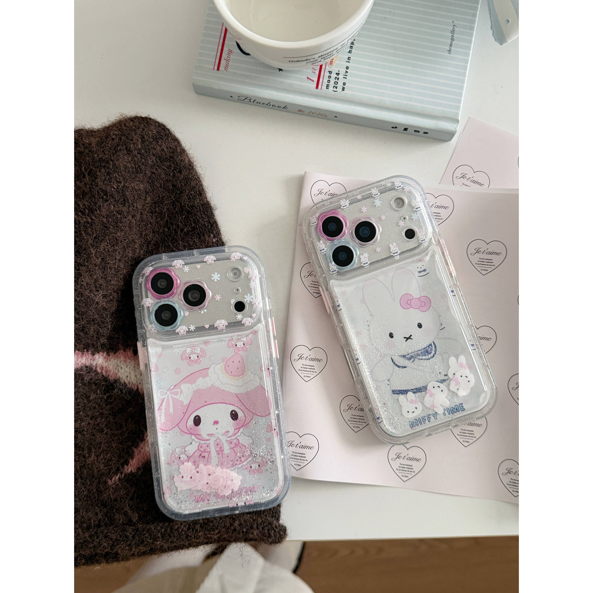 чехол для iPhone 17 PRO MAX с милыми мультяшными кроликами и My Melody, глиттер и защита от ...