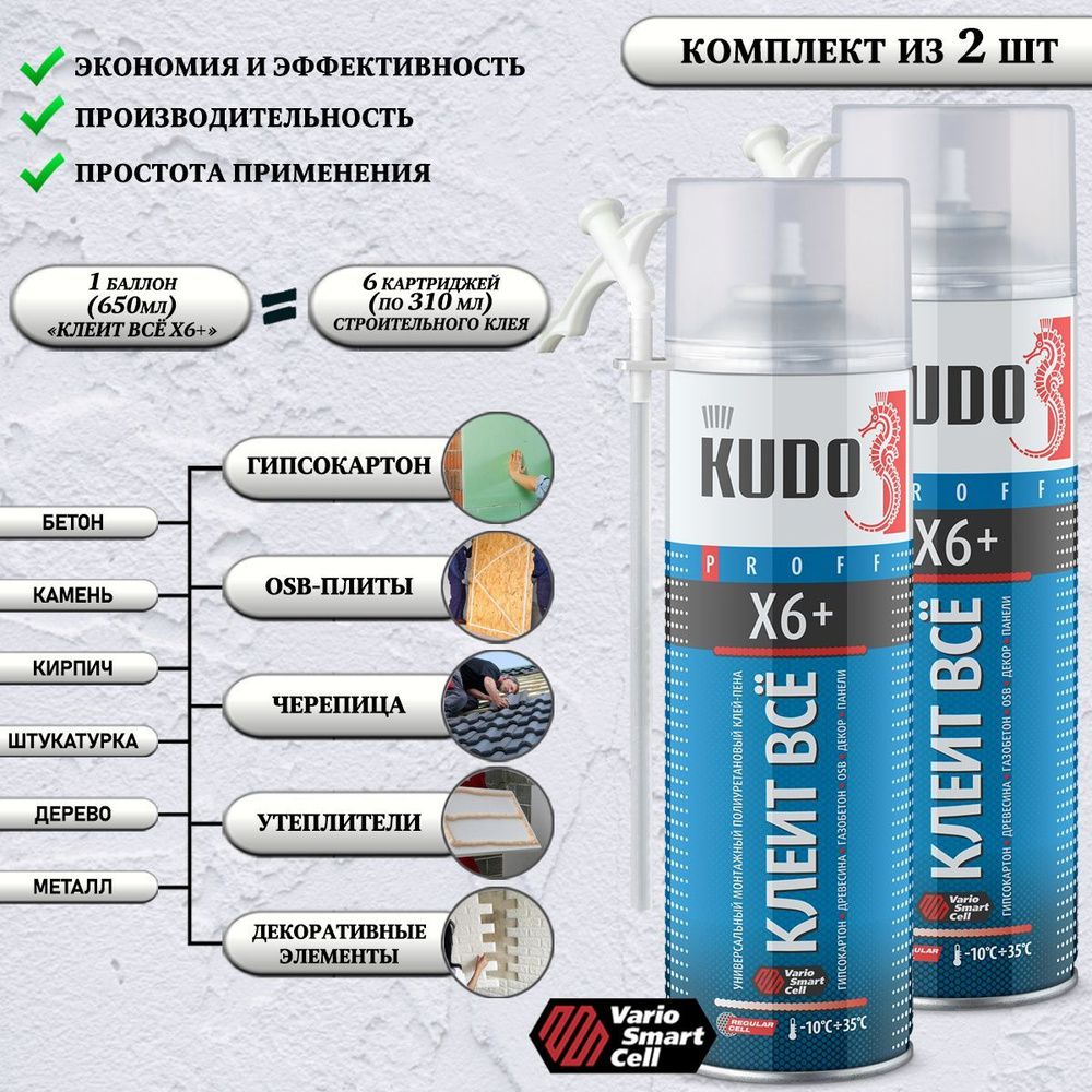 Клей-пена KUDO "КЛЕИТ ВСЕ X6+", универсальный, всесезонный Всесезонная ...