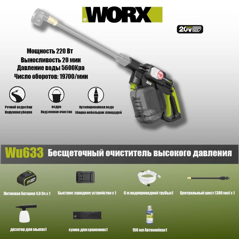 worx wu633 Бесщеточная мойка высокого давления 20v с литий-ионным ...