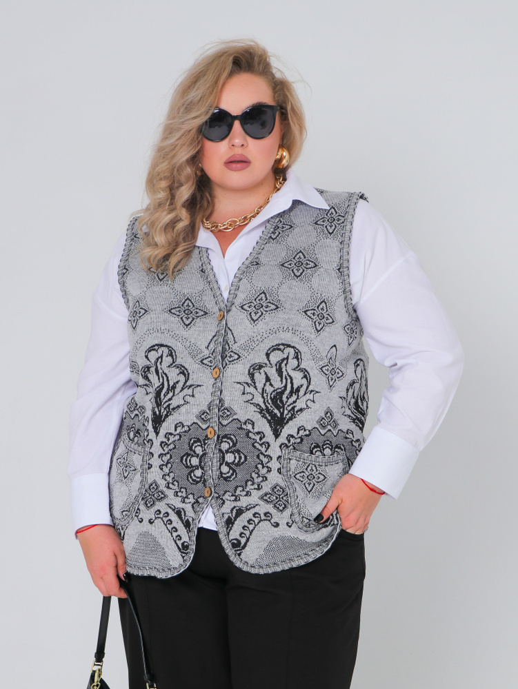 Жилет Женский SAFI&AMI Collection серый Трикотаж, размер 48 Карманы прямой трикотажный Пуговицы ...