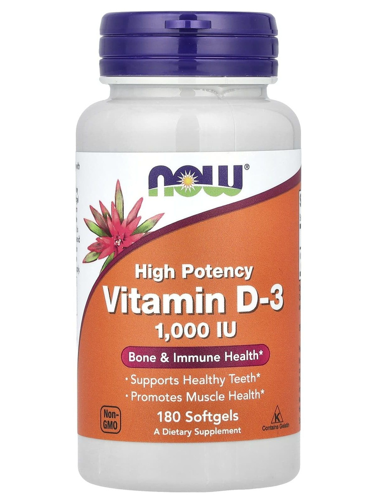 NOW Foods, витамин D3, высокоактивный, 1000 МЕ, 180 мягких таблеток ...