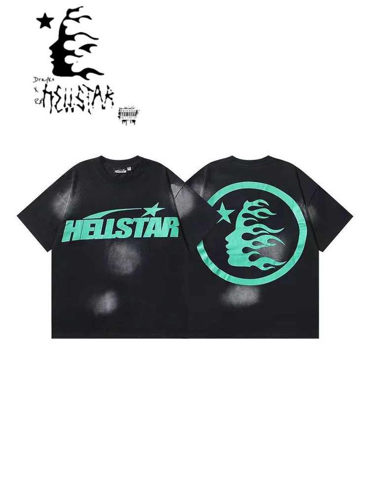 Футболка Женский, Мужской HELLSTAR зеленая мята, черный Короткий, размер 46 Хлопок Логотип ...