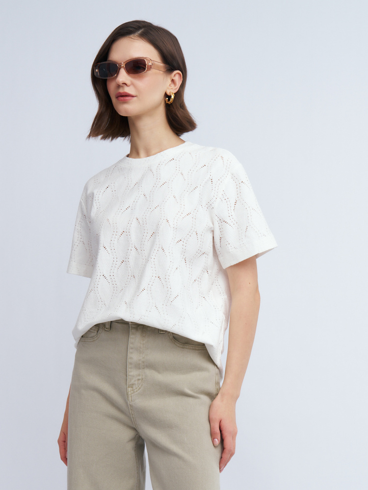 Футболка Женский Zolla слоновая кость Короткий, размер 46 Хлопок, Эластан Китай, рост 164-176 ...