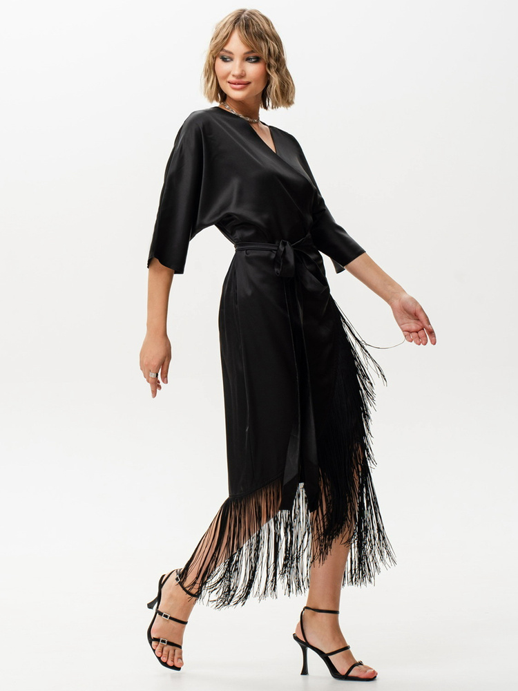 Платье Женский SAHAR art lab черный матовый Вечерний/праздничный Три четверти Искусственный шелк ...